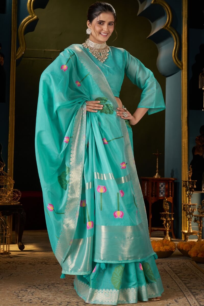 Conflate Turquoise Cotton Silk Saree With Gorgeous Blouse Piece – SilkFolks
