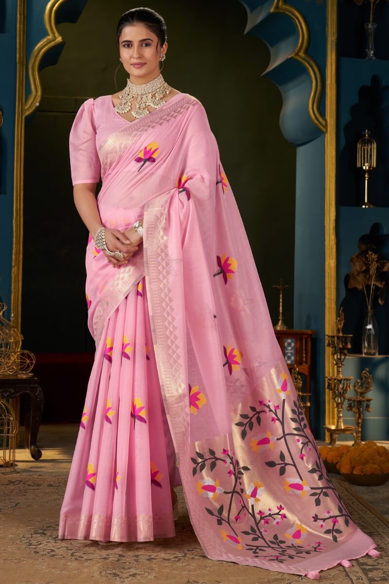 Demanding Pink Cotton Silk Saree With Dulcet Blouse Piece – SilkFolks