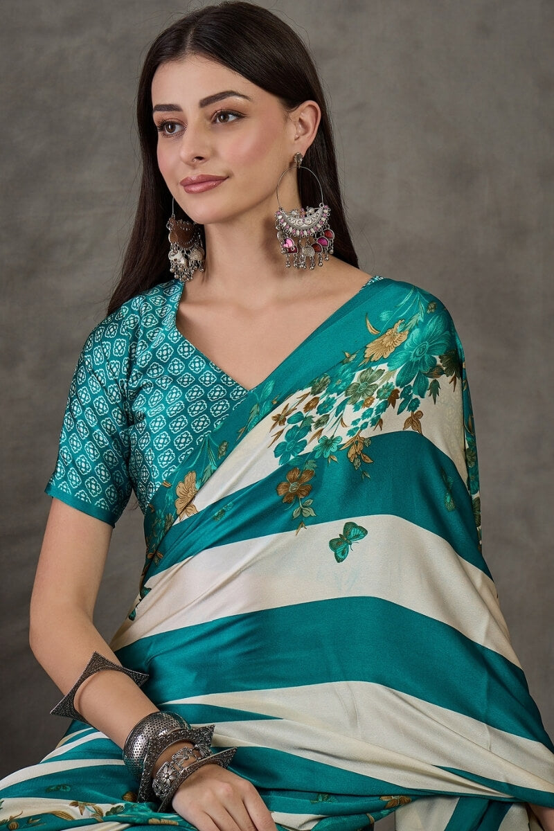 Fantabulous Rama Ajrakh Printed Semi Modal Silk Saree With Allure Blou ...