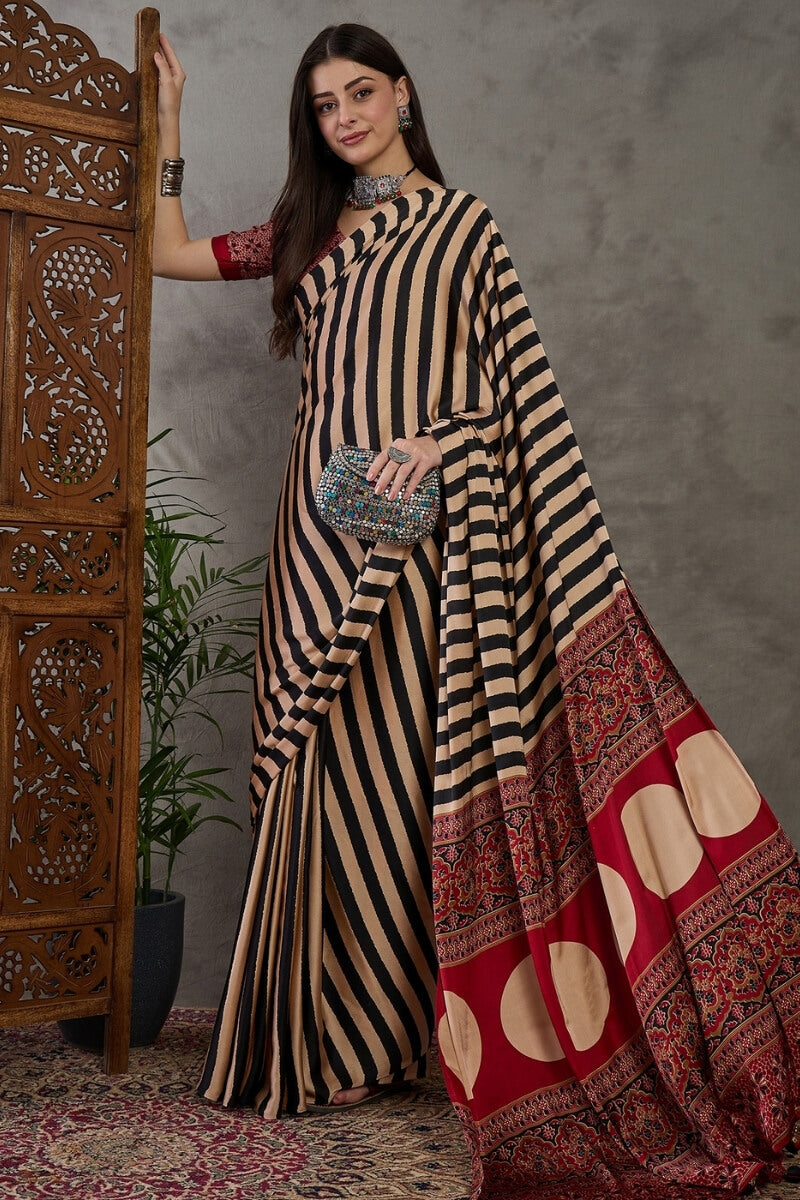Resonant Black Ajrakh Printed Semi Modal Silk Saree With Vibrant Blous ...