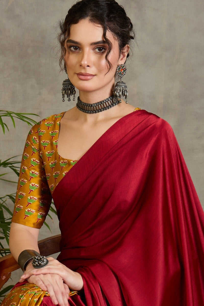Alluring Red Ajrakh Printed Semi Modal Silk Saree With Flattering Blou ...