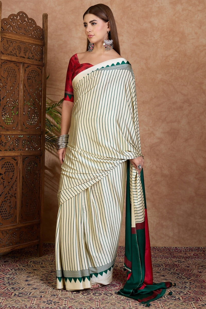 Angelic Off White Ajrakh Printed Semi Modal Silk Saree With Breathtaki ...