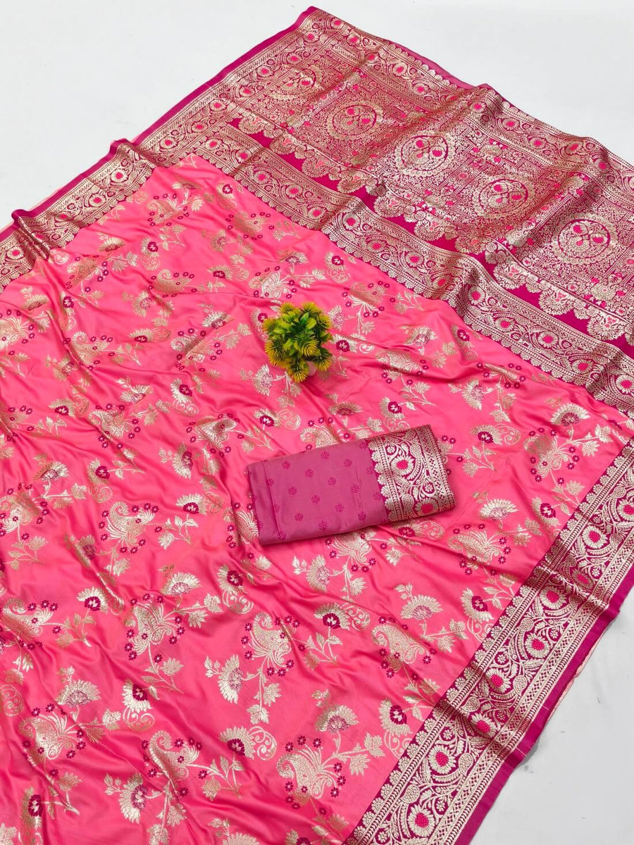 Scintilla Pink Pure Zari Weaving Banarasi Silk Saree With Nectarous Bl ...