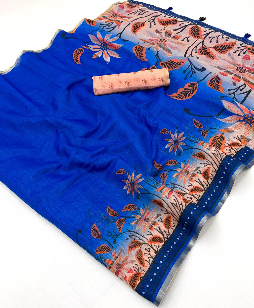 Epiphany Royal Blue Printed Cotton Silk Saree With Pleasant Blouse Pie ...