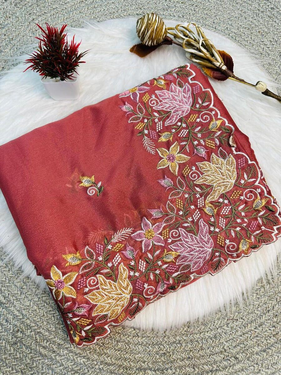 Imbrication Pink Embroidery Work Georgette Saree With Opulent Blouse P ...