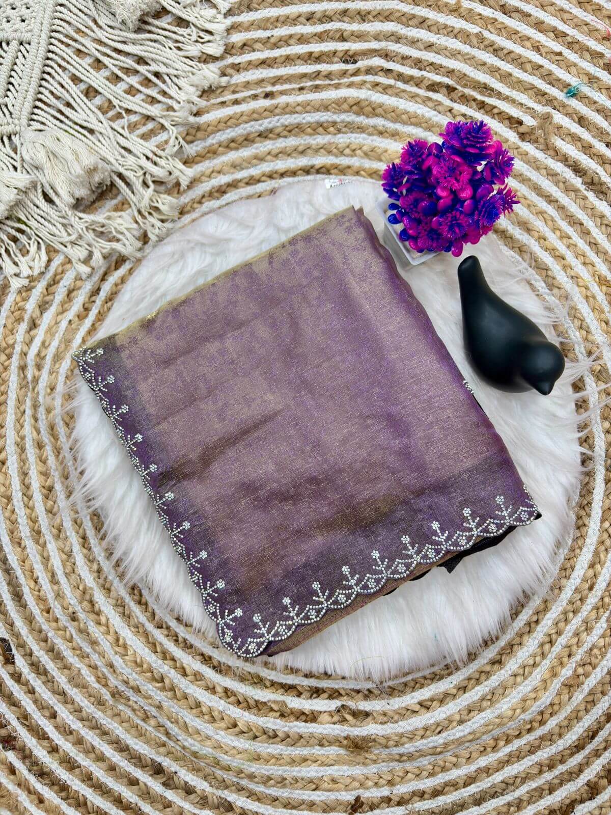 Transcendent Lavender Swarovski Work Fandy Silk Saree With Evocative B ...