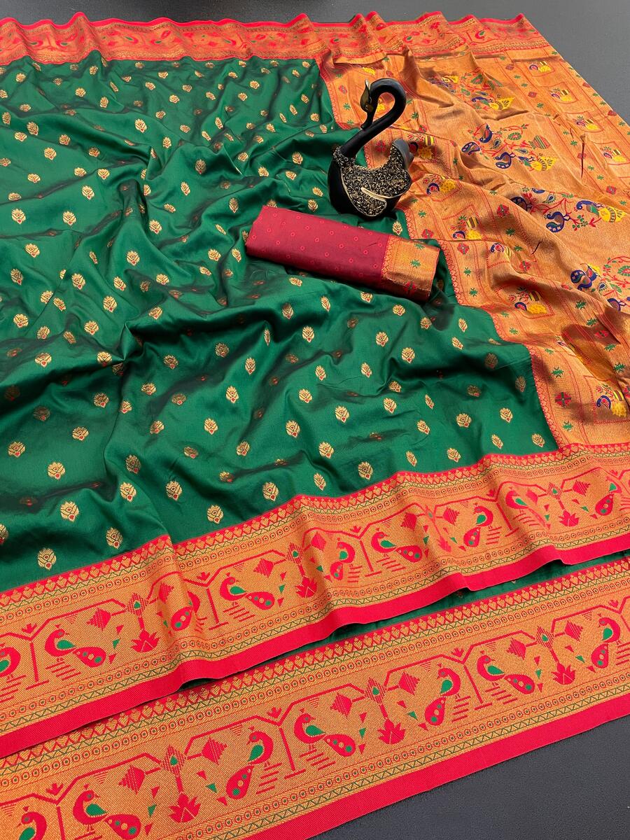 Gleaming Dark Green Paithani Silk Saree With Amazing Blouse Piece ...