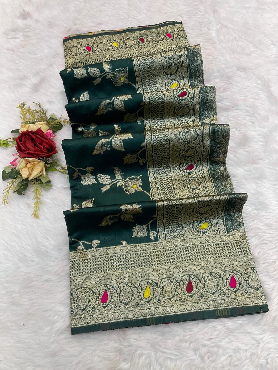 Ethereal Dark Green Soft Banarasi Silk Saree With Precious Blouse Piec ...