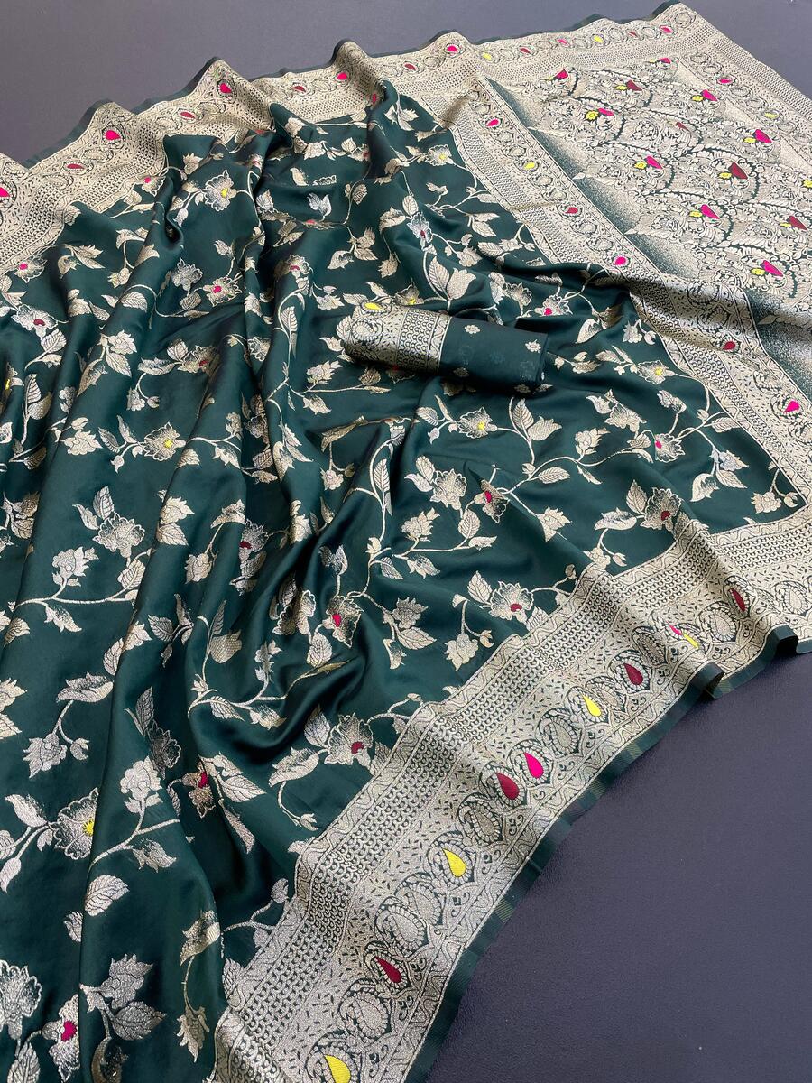 Ethereal Dark Green Soft Banarasi Silk Saree With Precious Blouse Piec ...