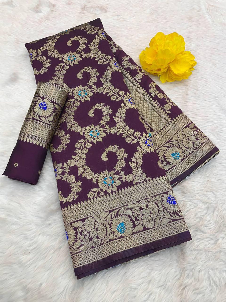 Felicitous Wine Soft Banarasi Silk Saree With Amazing Blouse Piece ...