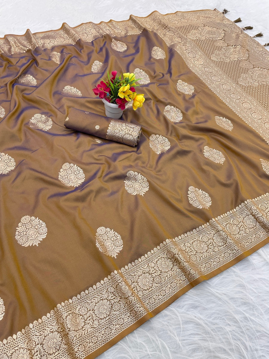 Felicitous Mustard Pure Zari Weaving Banarasi Silk Saree With Grandios ...