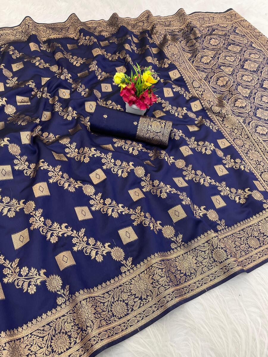 Evocative Navy Blue Soft Silk Saree With Ephemeral Blouse Piece – SilkFolks