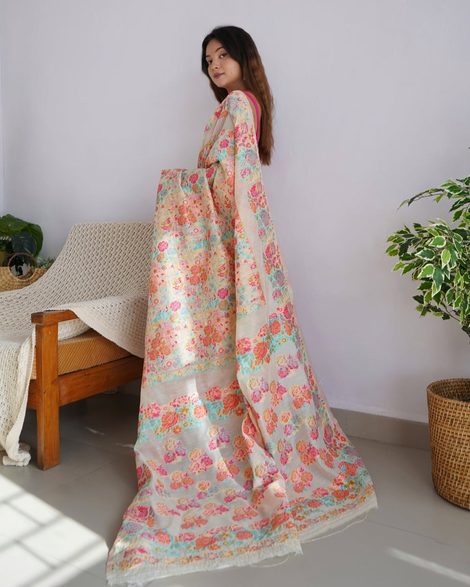 Exemplary Beige Pashmina saree With Precious Blouse Piece – SilkFolks