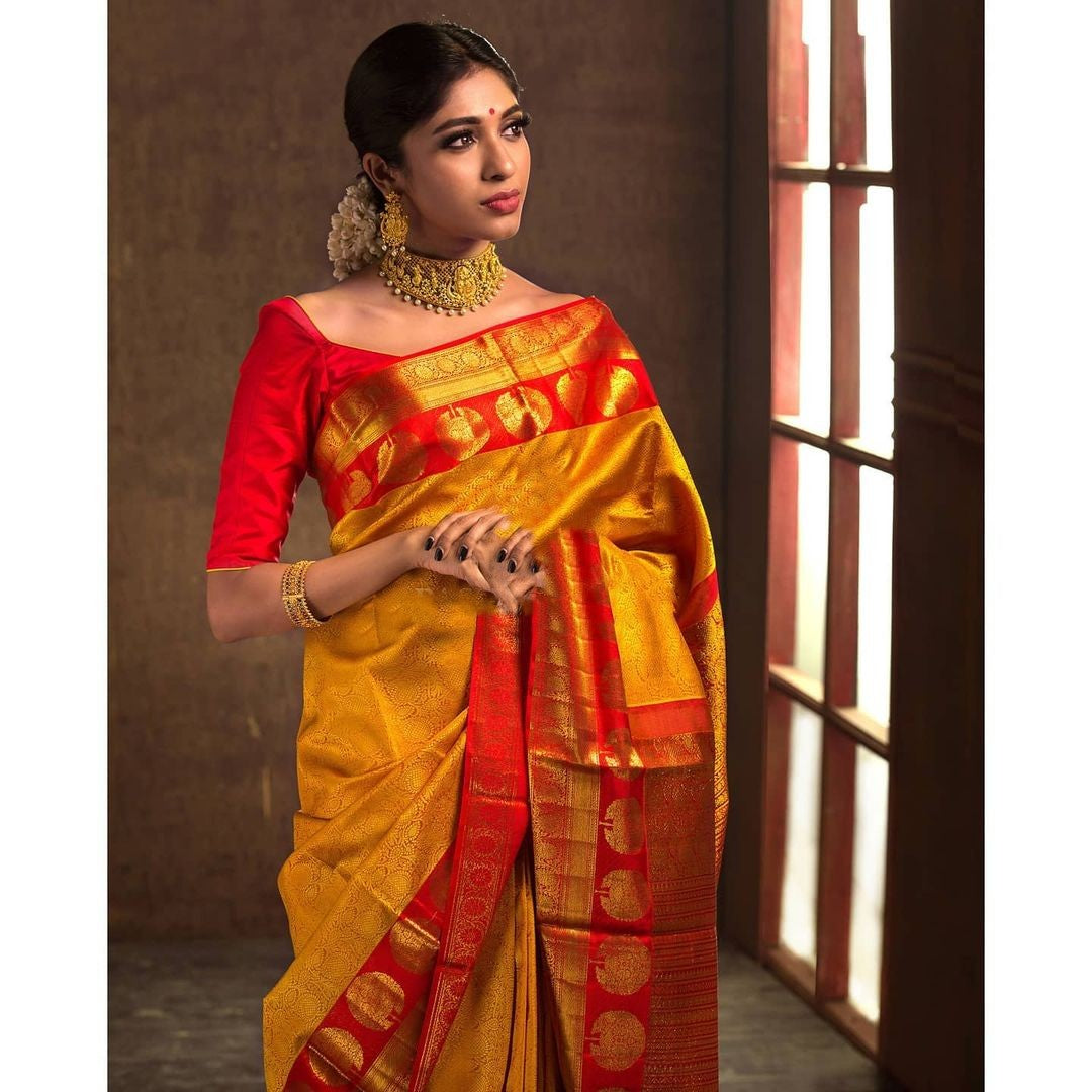 Lassitude Yellow Soft Banarasi Silk Saree With Flattering Blouse Piece ...
